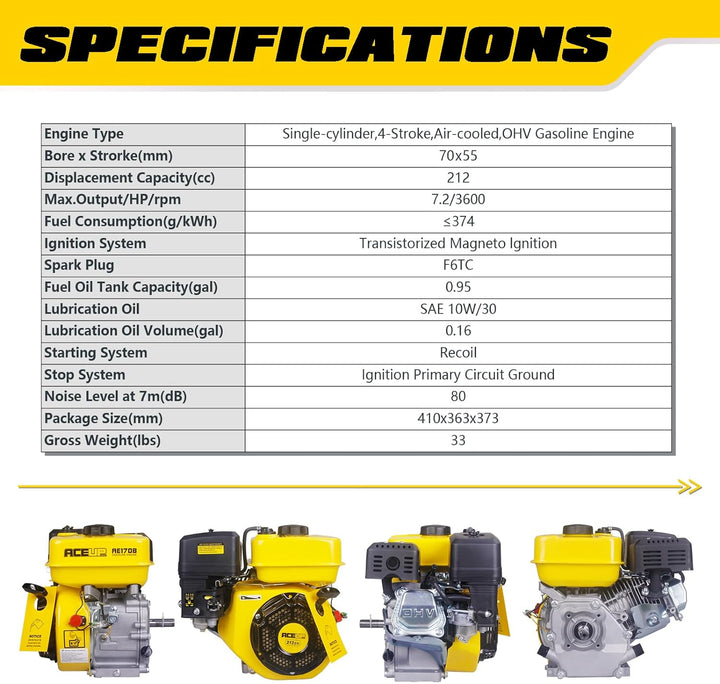 Aceup Energy 7HP 212cc Small Gas Engine Horizontal Shaft with 4 Stroke ...