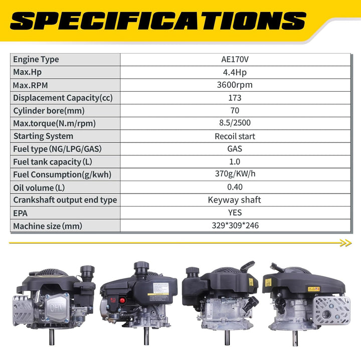 Aceup Energy Gas Engine Vertical Shaft, 4.4HP 173cc 4-Stroke OHV Gas M ...